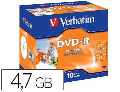 Dvd-r verbatim imprimible capacidad 4.7gb velocidad 16x 120 min pack de 10 unidades - Desordena